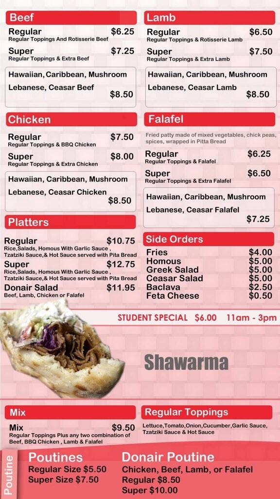 Menu at ABC Donair Zone restaurant, Mission, Logan Ave