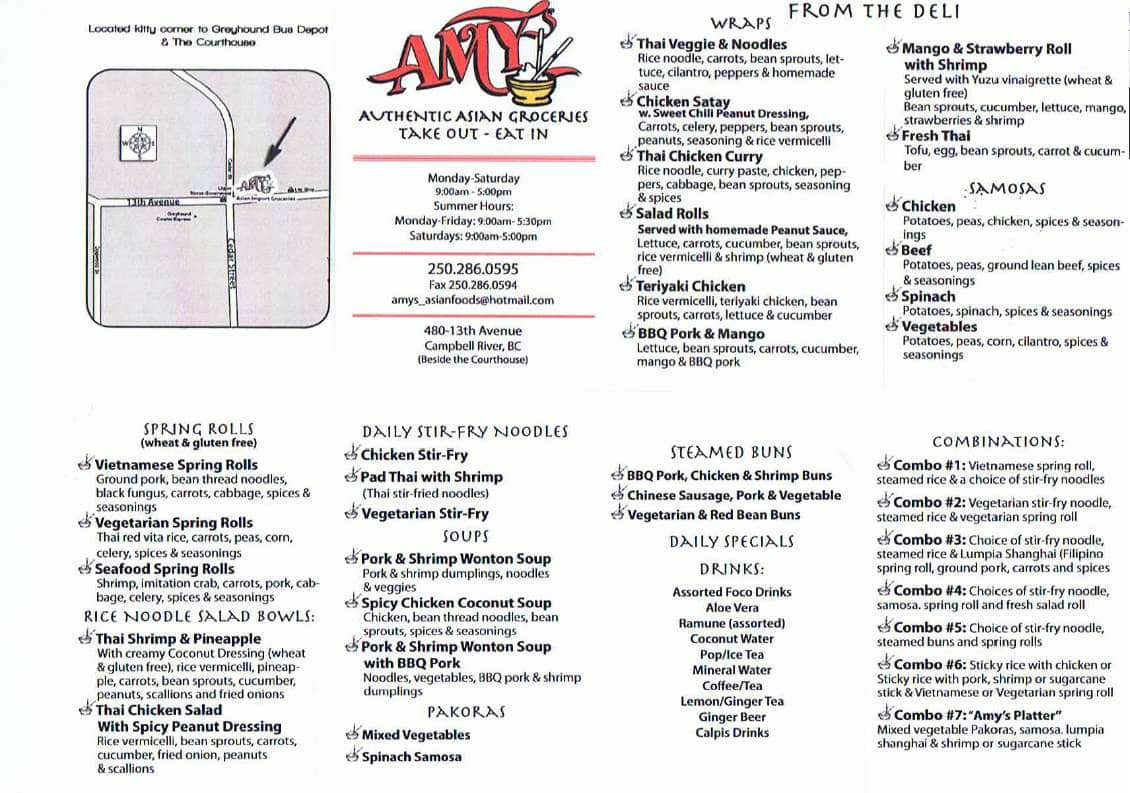 Menu at Amy's Asian Foods restaurant, Campbell River