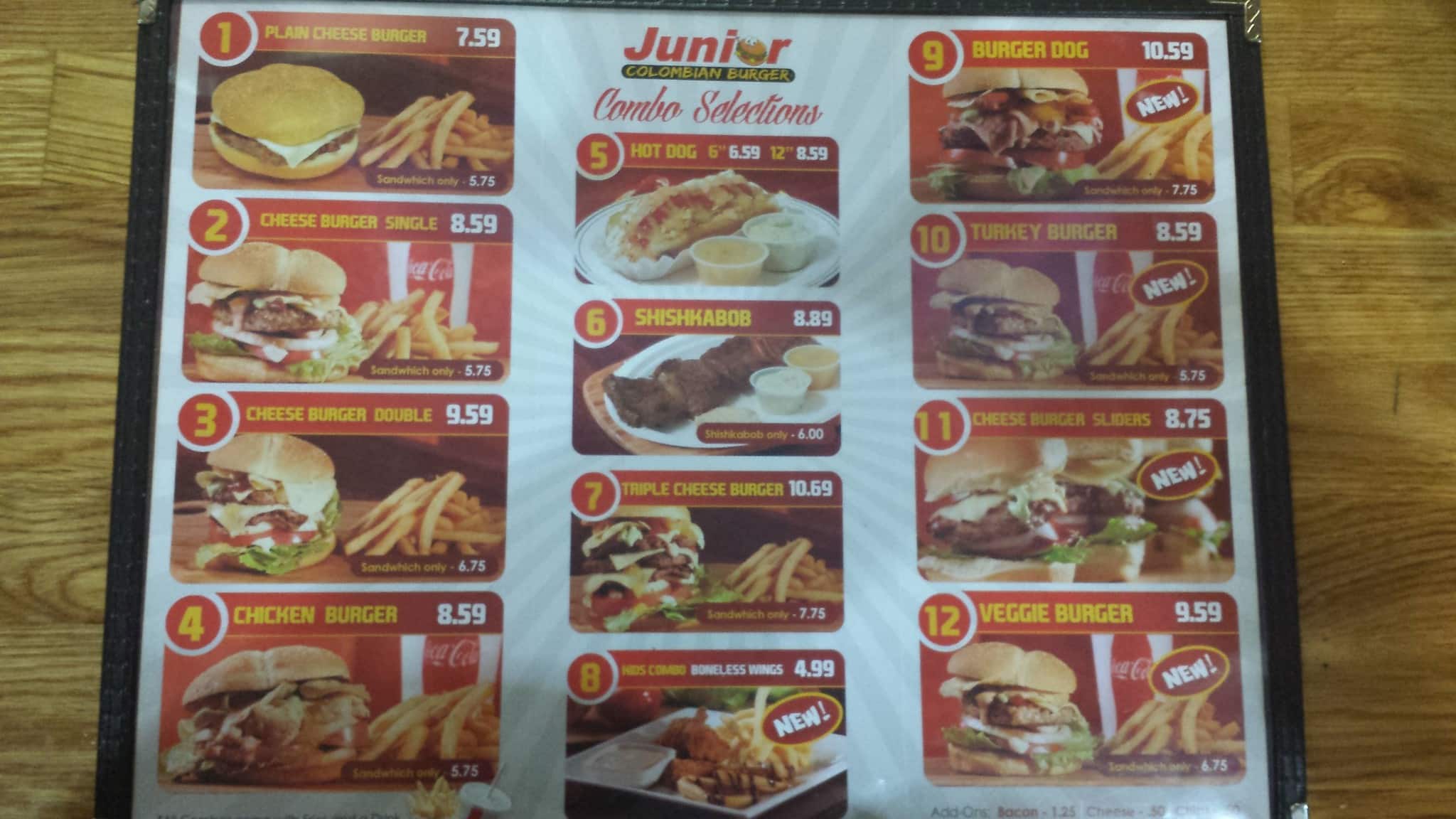 Junior Colombian Burger Menu, Menu for Junior Colombian Burger, East ...