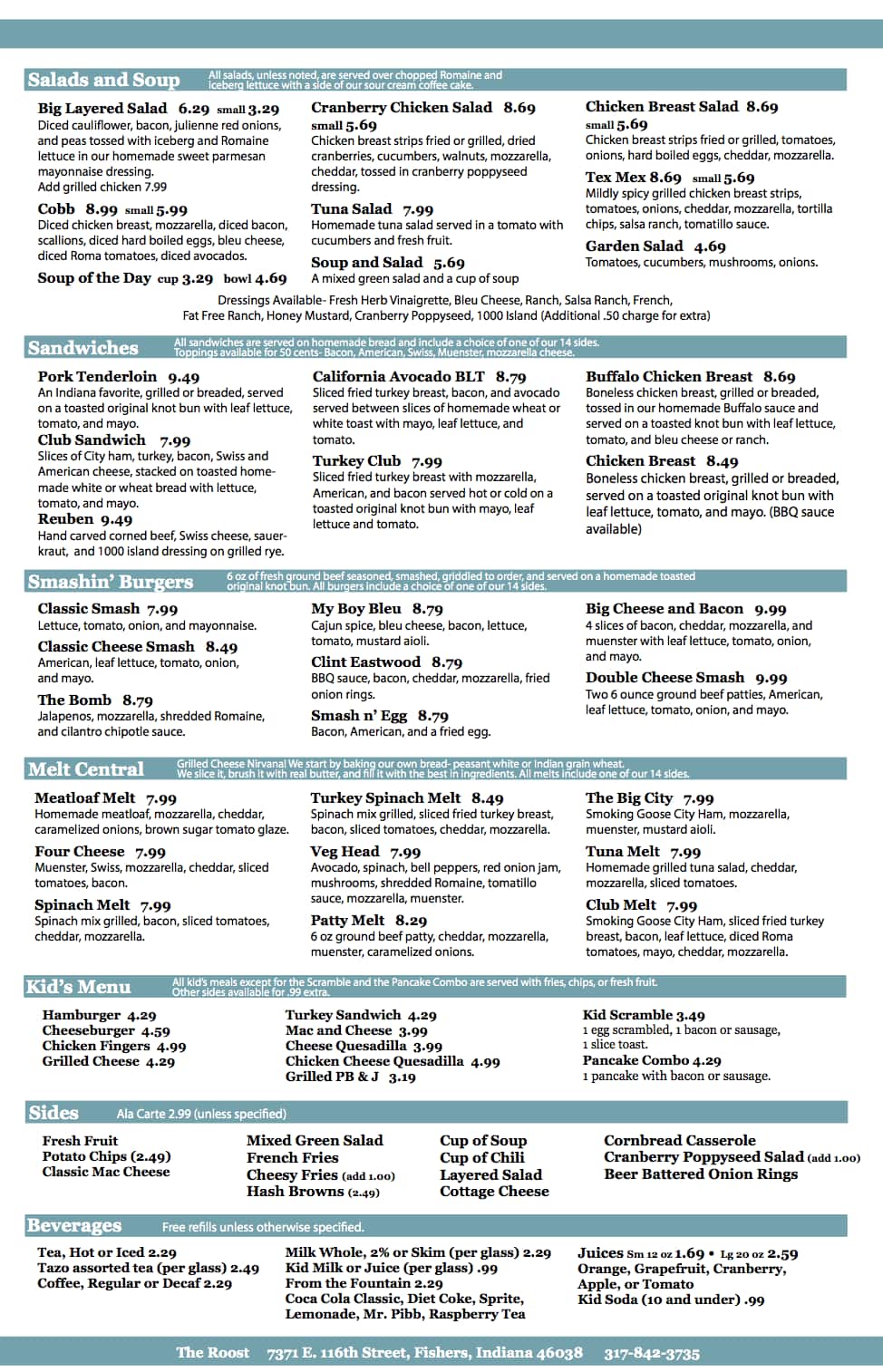 Menu at The Roost restaurant, Fishers, E 116th St