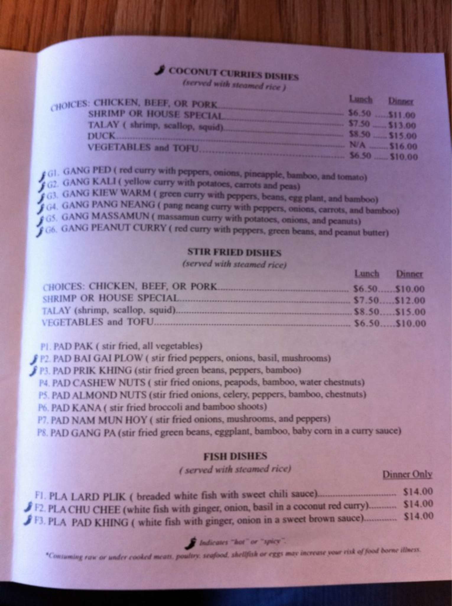 Menu at Thai Cafe, Traverse City