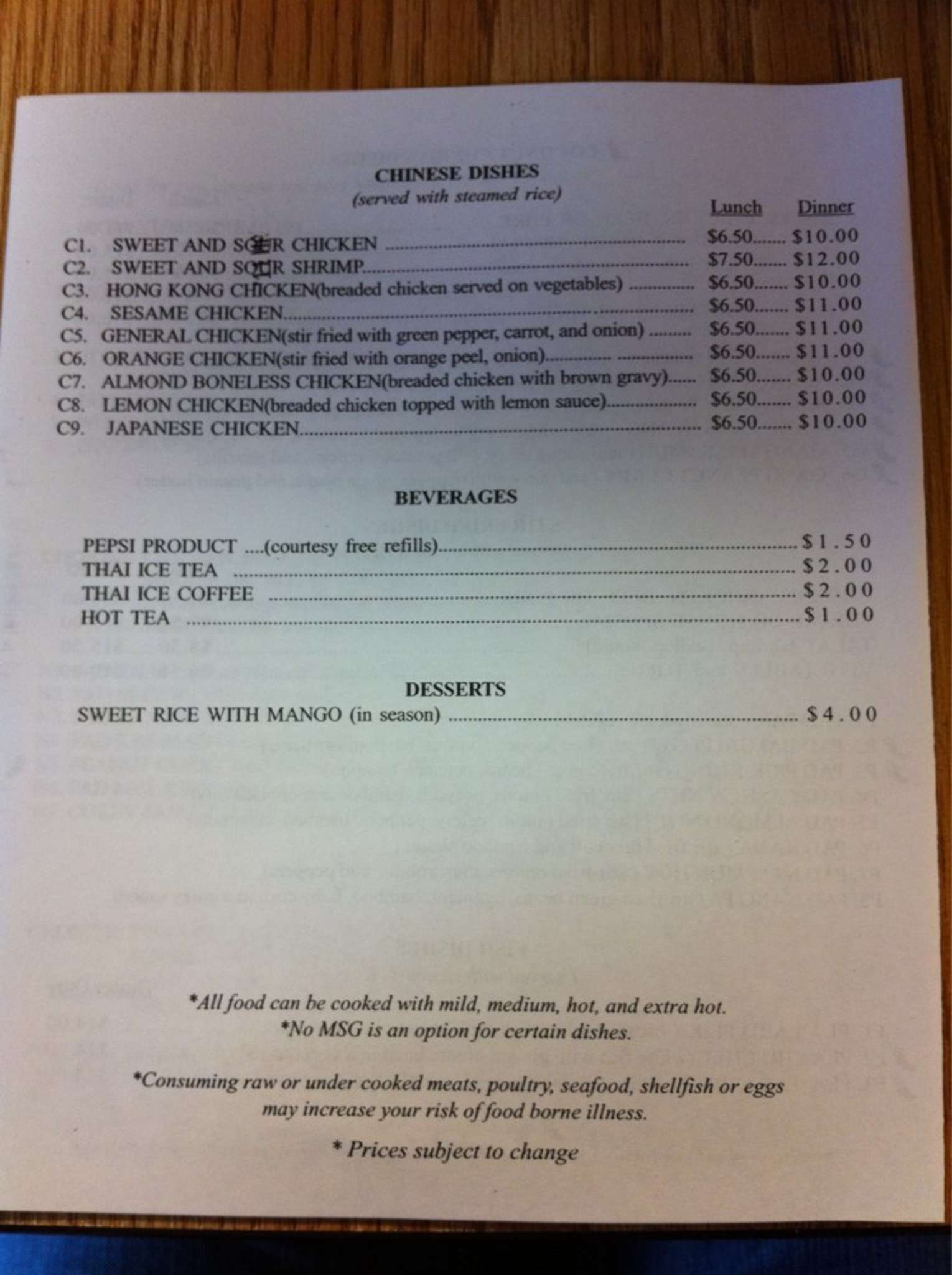 Menu at Thai Cafe, Traverse City