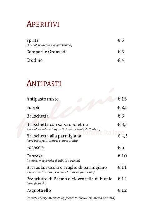 Menu at Pulcini Ristorante Italiano restaurant, Leça da Palmeira