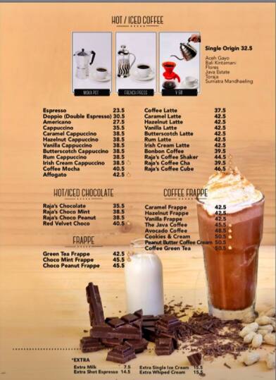 Menu at Raja's Coffee cafe, Jakarta