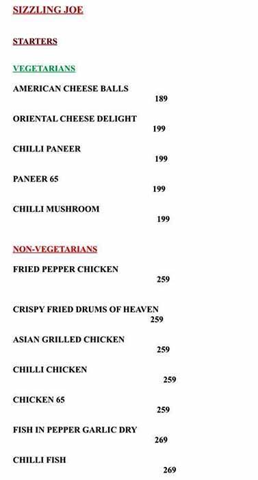 Menu of Sizzling Joe, Kukatpally, Hyderabad