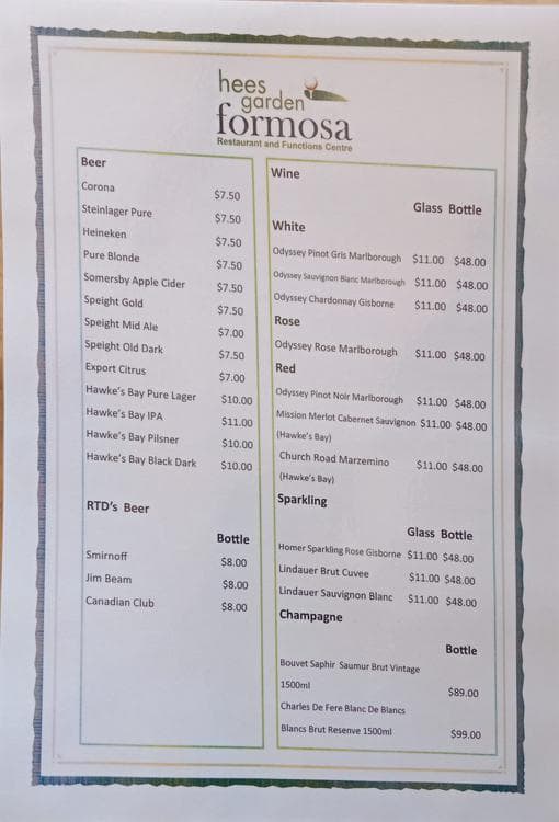 Menu at Rydges Formosa Auckland Golf Resort restaurant, New Zealand