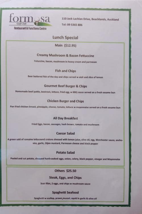 Menu at Rydges Formosa Auckland Golf Resort restaurant, New Zealand