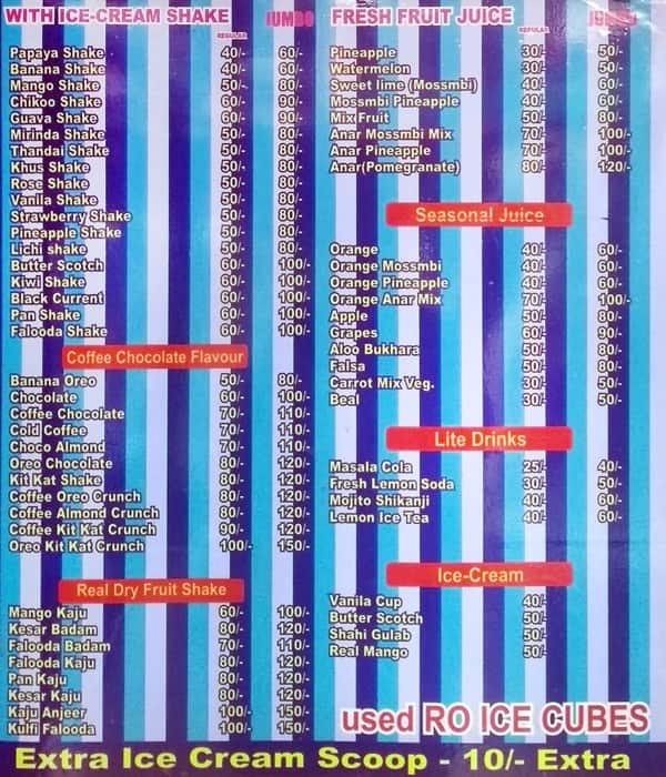 Menu at Indian Juice, Jaipur