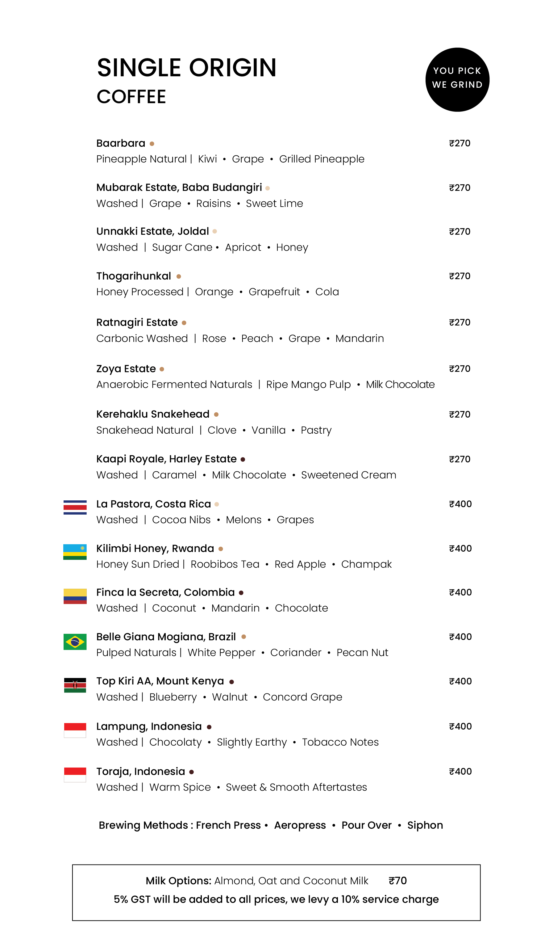 Menu of KUP Coffee Roasters, Thousand Lights, Chennai