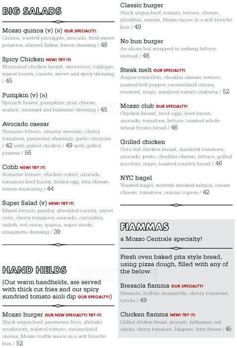 Menu at Mozzo Centrale restaurant, Dubai