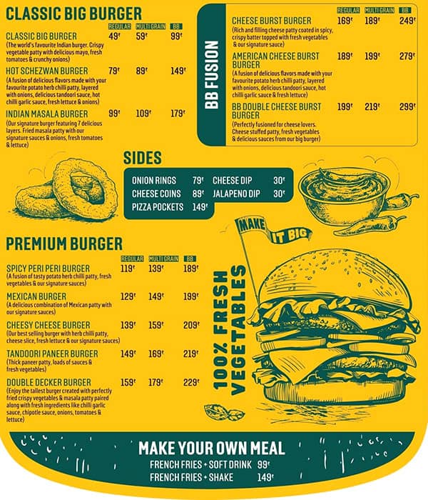Menu of Big Burger Co, Airport Gandhinagar Highway, Gandhinagar