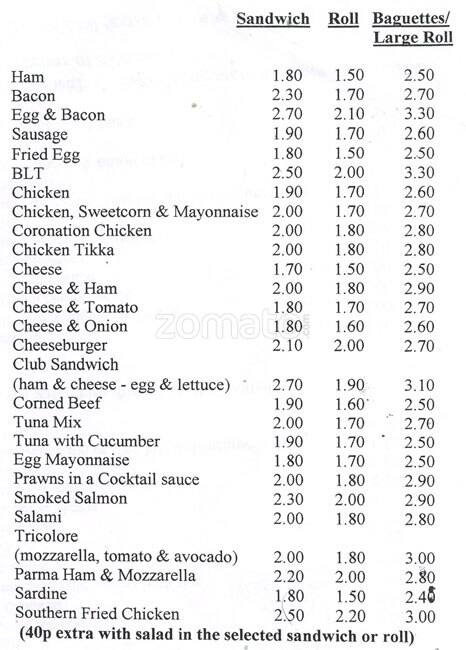 Menu at Florence Cafe, London