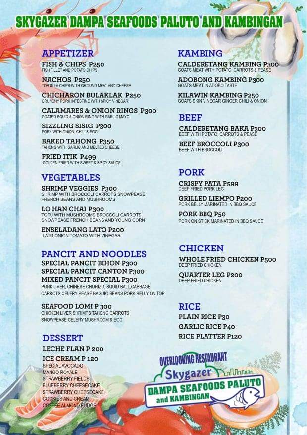 Menu at Skygazer Dampa Seafoods Paluto pub & bar, Philippines