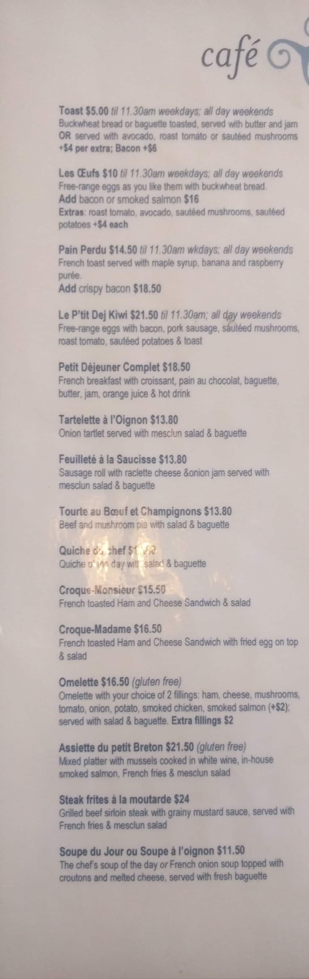 Menu at Cafe Breton, Wellington, 20 Brandon St