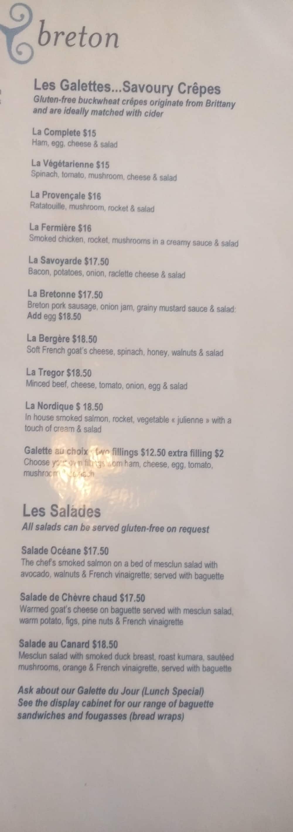 Menu at Cafe Breton, Wellington, 20 Brandon St