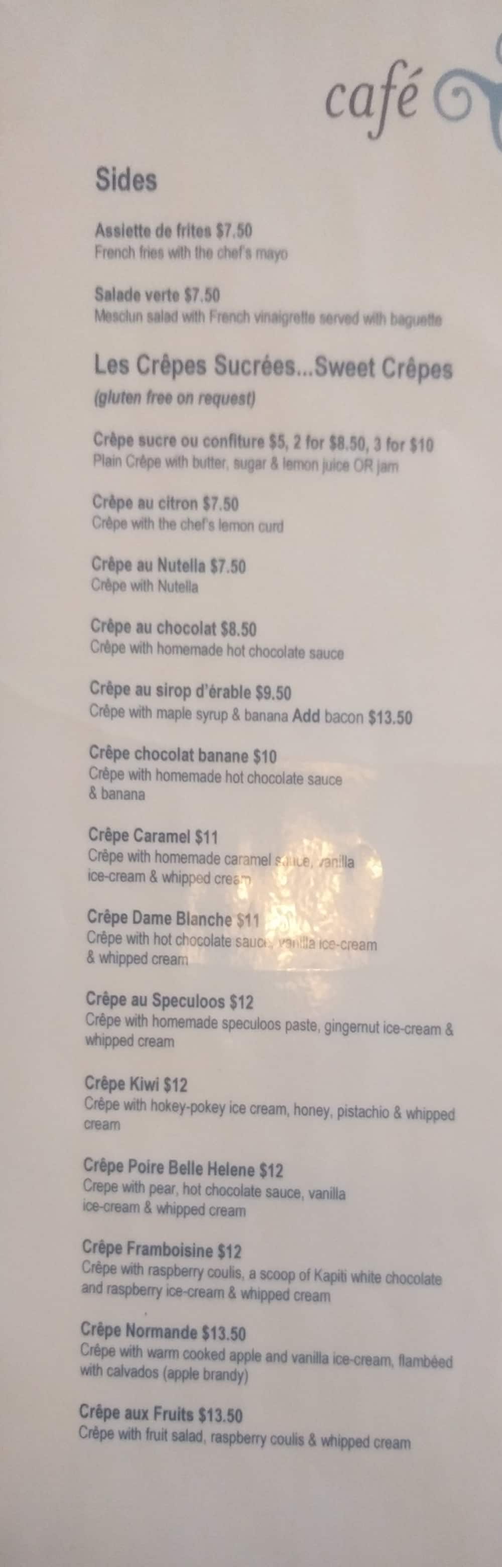 Menu at Cafe Breton, Wellington, 20 Brandon St