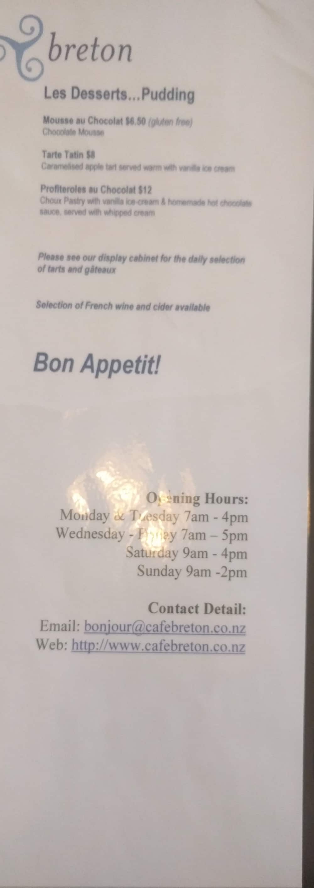 Menu at Cafe Breton, Wellington, 20 Brandon St