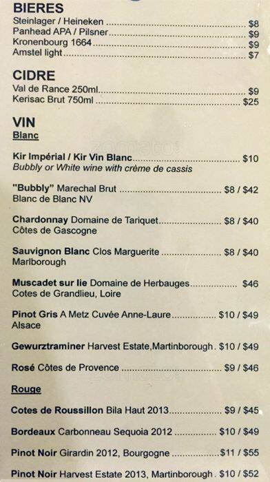 Menu at Cafe Breton, Wellington, 20 Brandon St