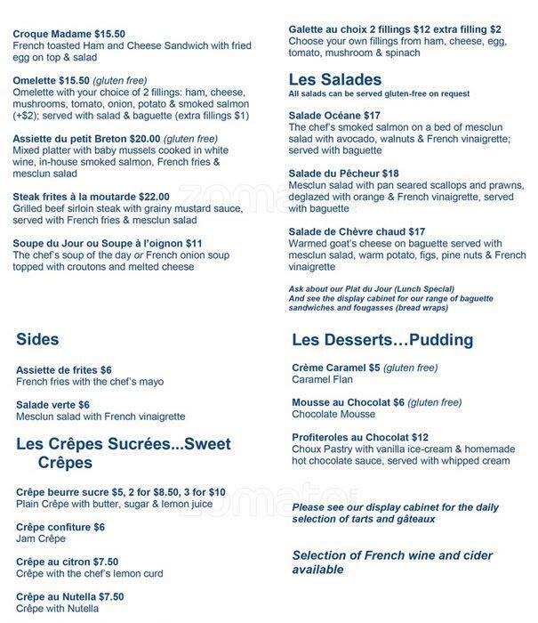 Menu at Cafe Breton, Wellington, 20 Brandon St