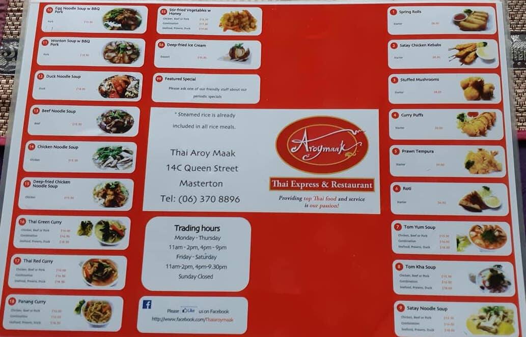 Menu at Thai Aroy Maak Restaurant, Masterton
