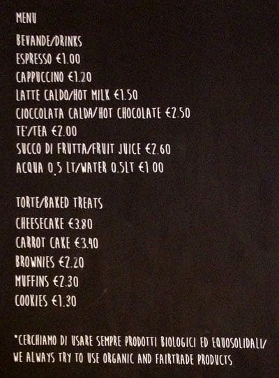 Menu at The Little Reader cafeteria, Rome