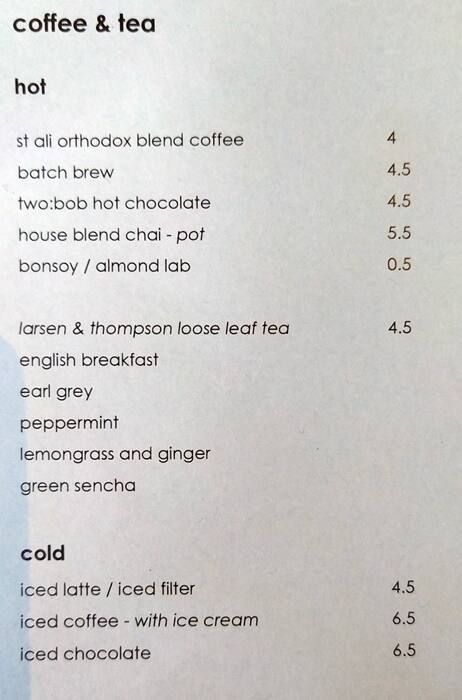 Menu at Two:Bob. restaurant, Fitzroy North