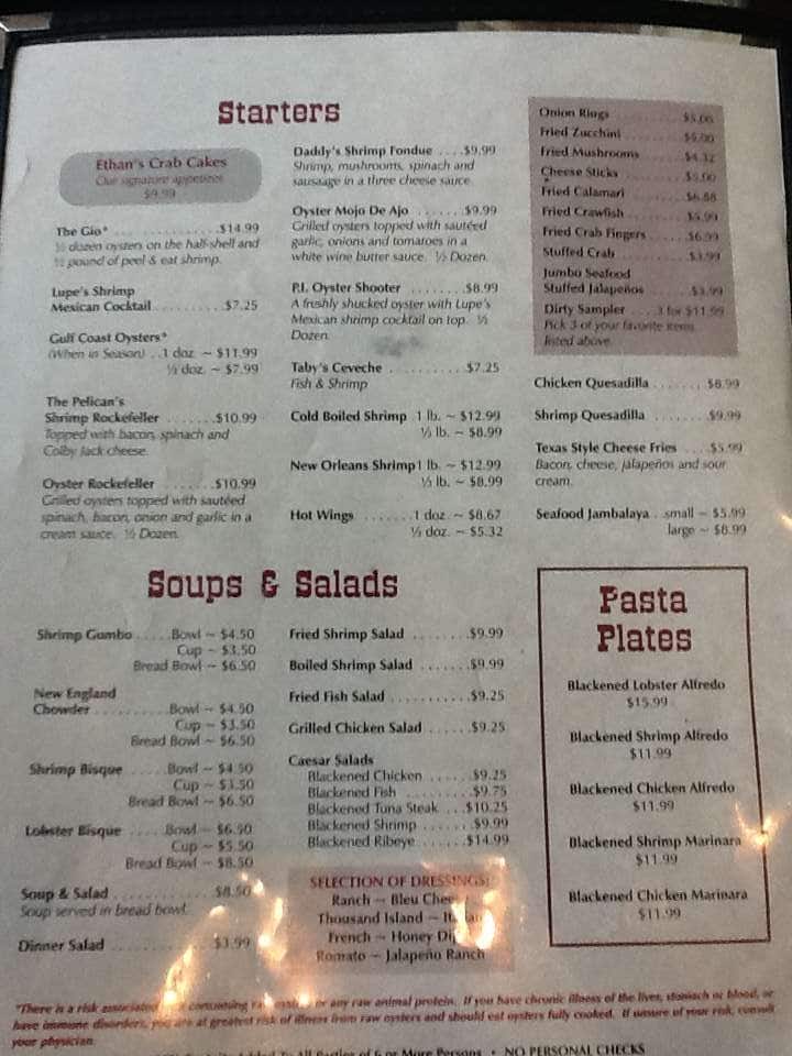 Menu at Dirty Al's at Pelican Station restaurant, Port Isabel