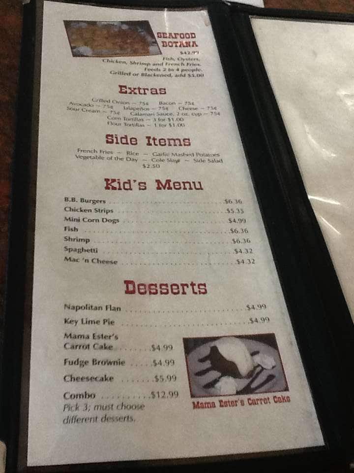 Menu at Dirty Al's at Pelican Station restaurant, Port Isabel