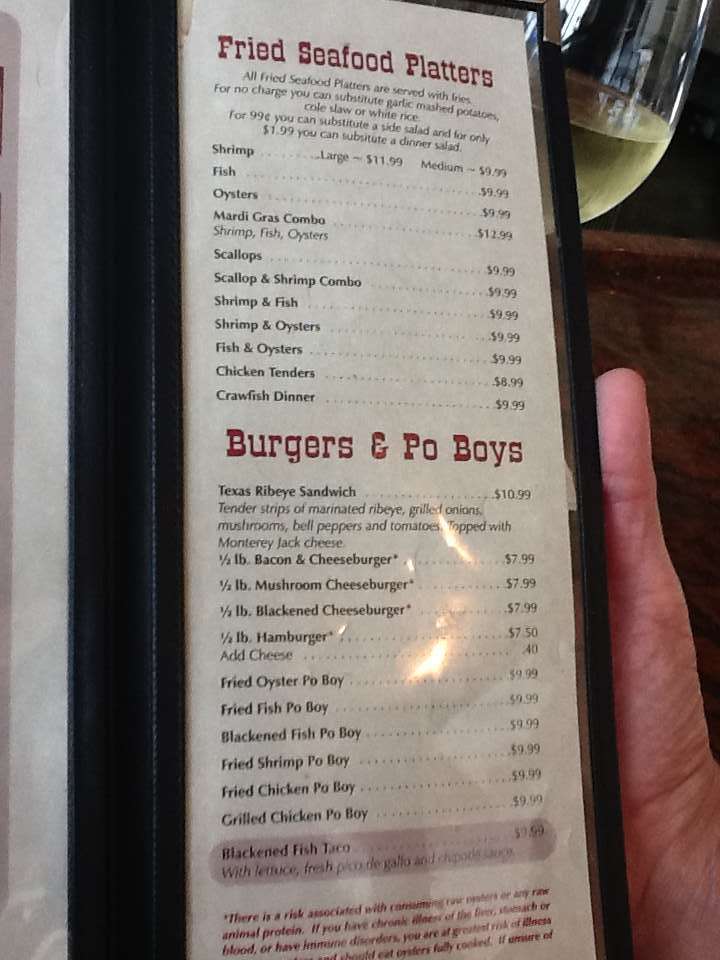 Menu at Dirty Al's at Pelican Station restaurant, Port Isabel