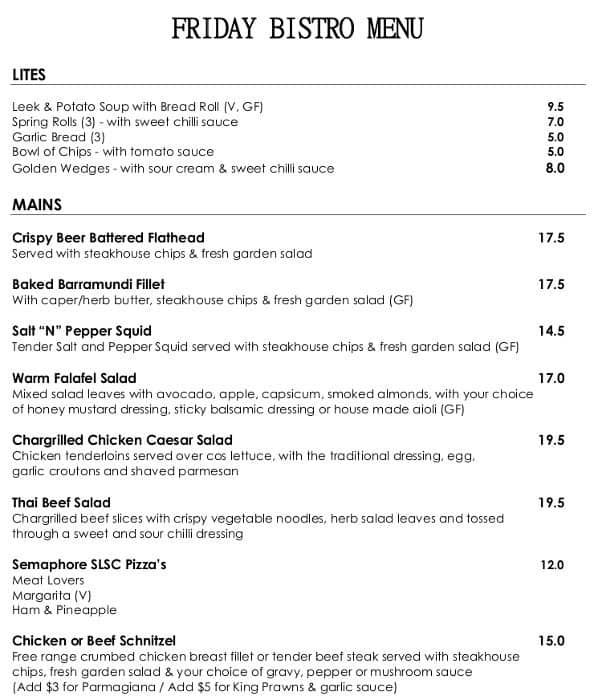 Menu at Semaphore Surf Life Saving Club, West Lakes Shore