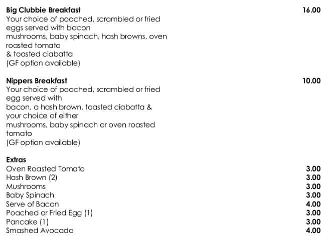 Menu at Semaphore Surf Life Saving Club, West Lakes Shore
