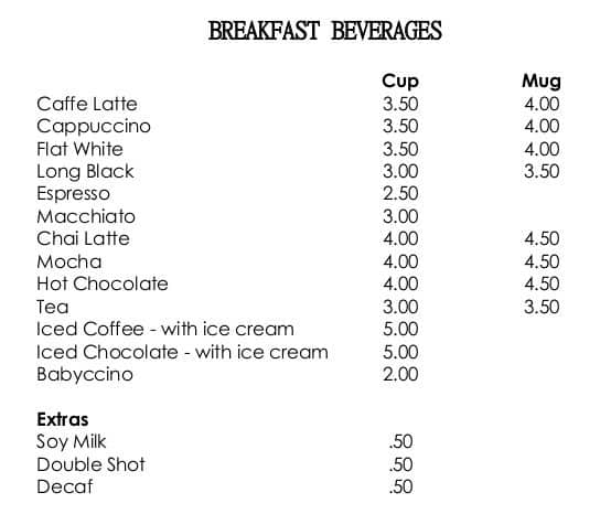 Menu at Semaphore Surf Life Saving Club, West Lakes Shore