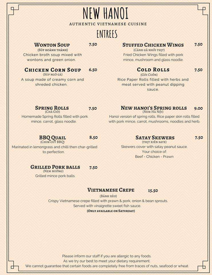 Menu at New Hanoi restaurant, Prospect