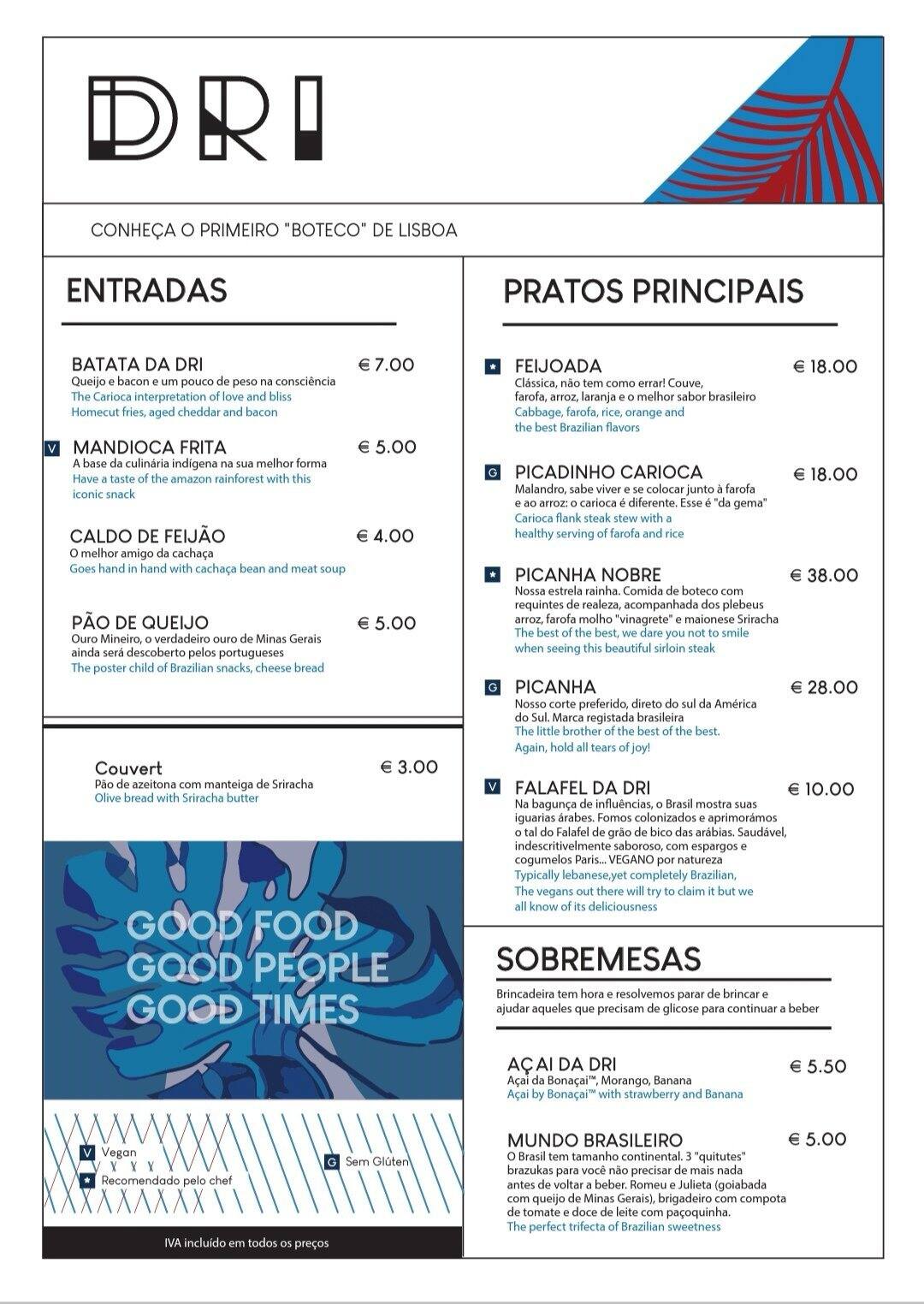 Menu at Boteco da DRI restaurant, Lisbon, Cais Gás 19