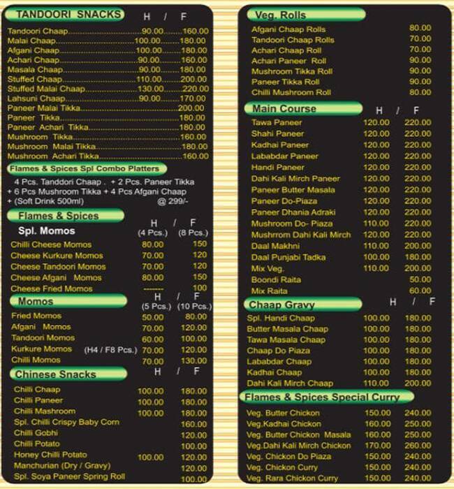 Menu of Flames & Spices, NIT, Faridabad