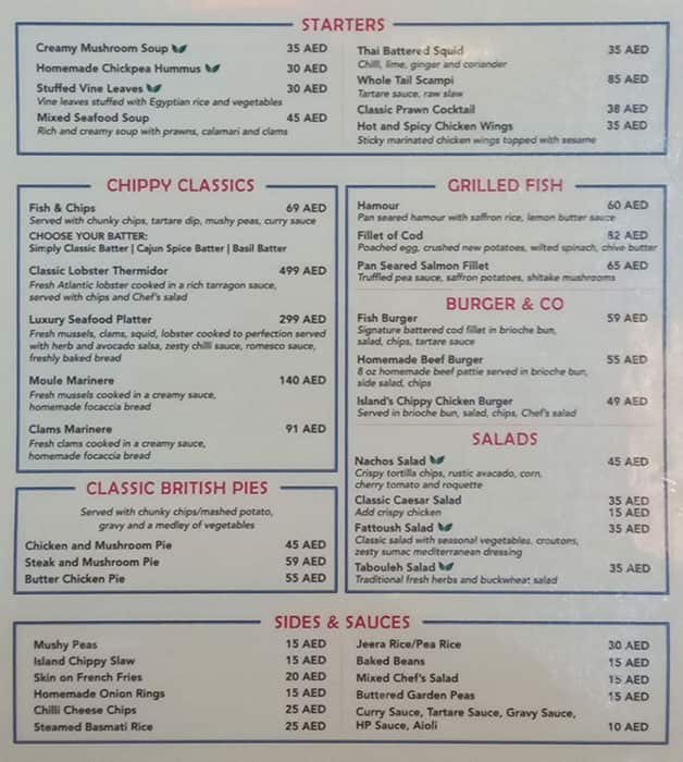 Menu of Island's Chippy, Bluewaters Island, Dubai