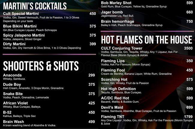 Menu at Cult Lounge, Navi Mumbai, Palm Beach Road