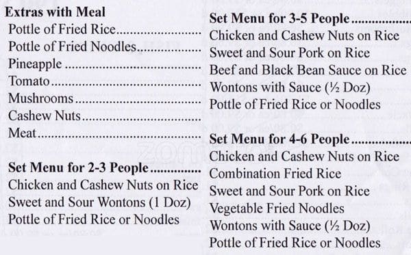Menu at Wairakei Chinese Takeaway restaurant, Christchurch