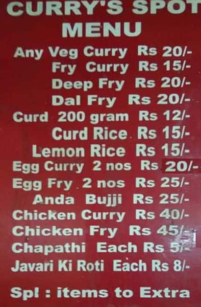 Menu of Curry's Spot, Padmarao Nagar, Secunderabad
