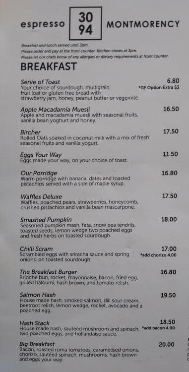Menu at Espresso 3094 restaurant, Montmorency