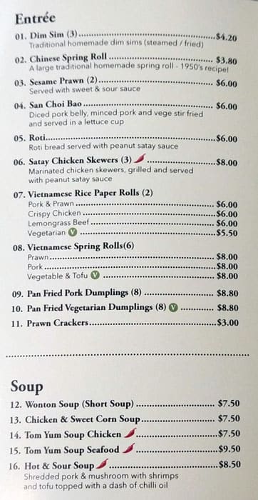 Menu at Fong's Kitchen restaurant, Williamstown
