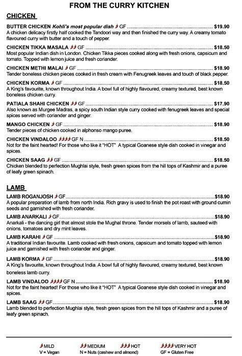 Menu at Kohlis Indian Restaurant Nowra, Nowra