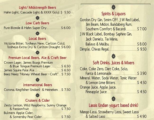 Menu at Kohlis Indian Restaurant Nowra, Nowra