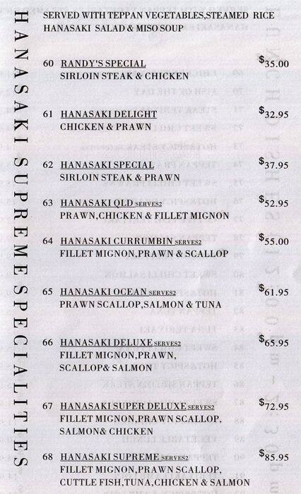 Menu at Hanasaki Currumbim restaurant, Currumbin
