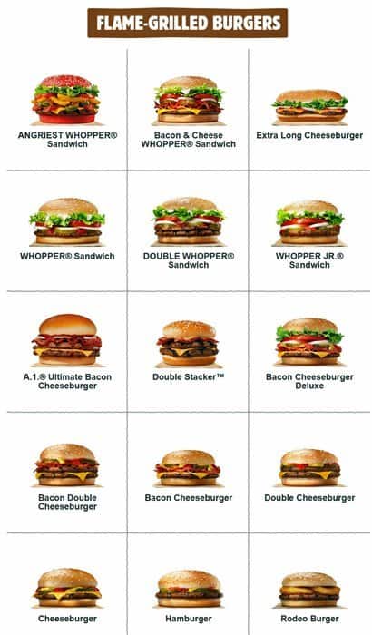 Menu at Burger King fast food, Austin, N Hwy 183