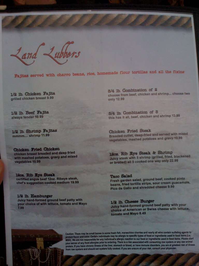 Menu at Pirate's Landing restaurant, Port Isabel