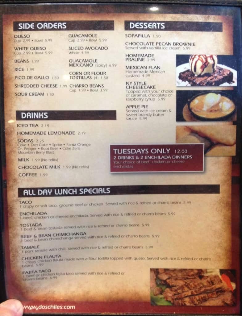 Menu at Dos Chiles restaurant, Bridgeport