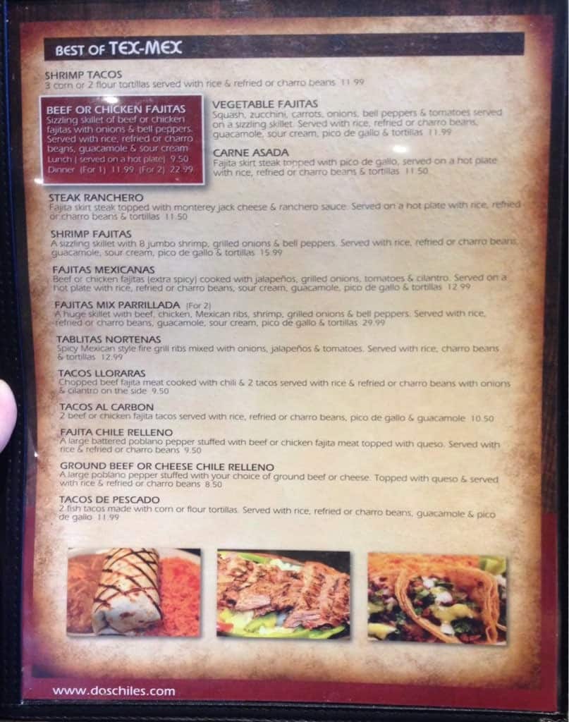 Menu at Dos Chiles restaurant, Bridgeport