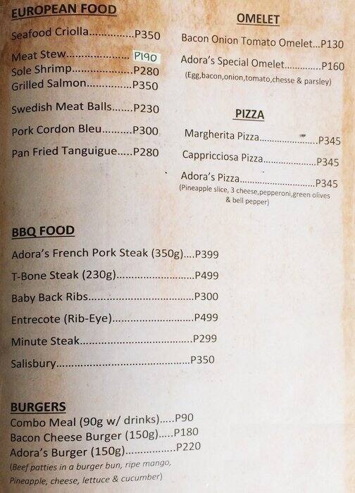 Menu at Adora's restaurant, Mandaue City