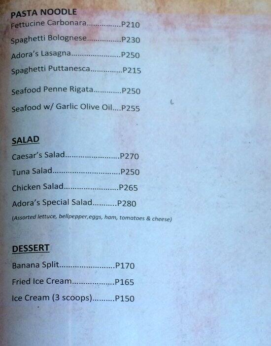 Menu at Adora's restaurant, Mandaue City